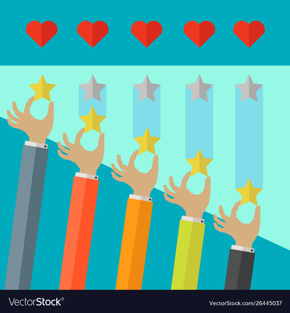 Star Rating System With Hearts And Hands Putting Vector Image