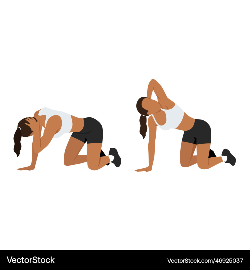 Woman doing exercise in thoracic rotation pose Vector Image