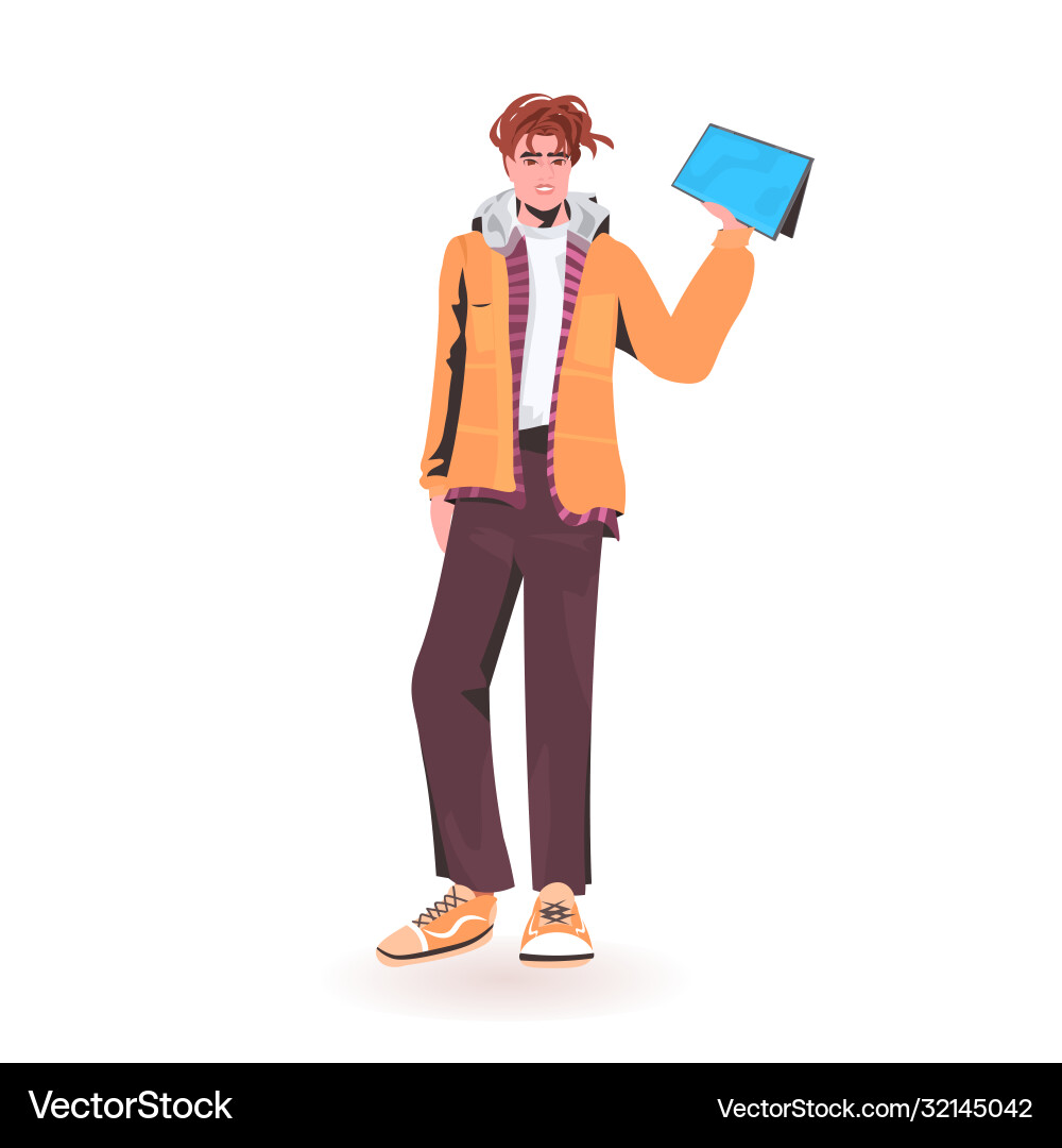 Man holding tablet pc young guy model in trendy Vector Image