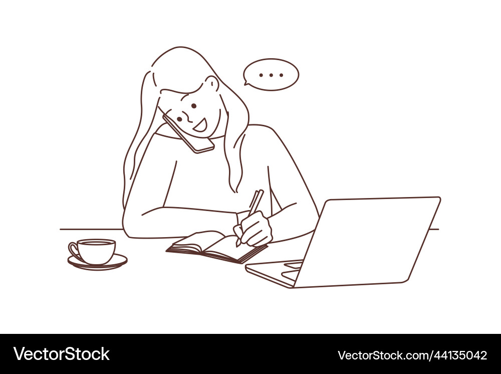 Smiling businesswoman work on computer talk Vector Image