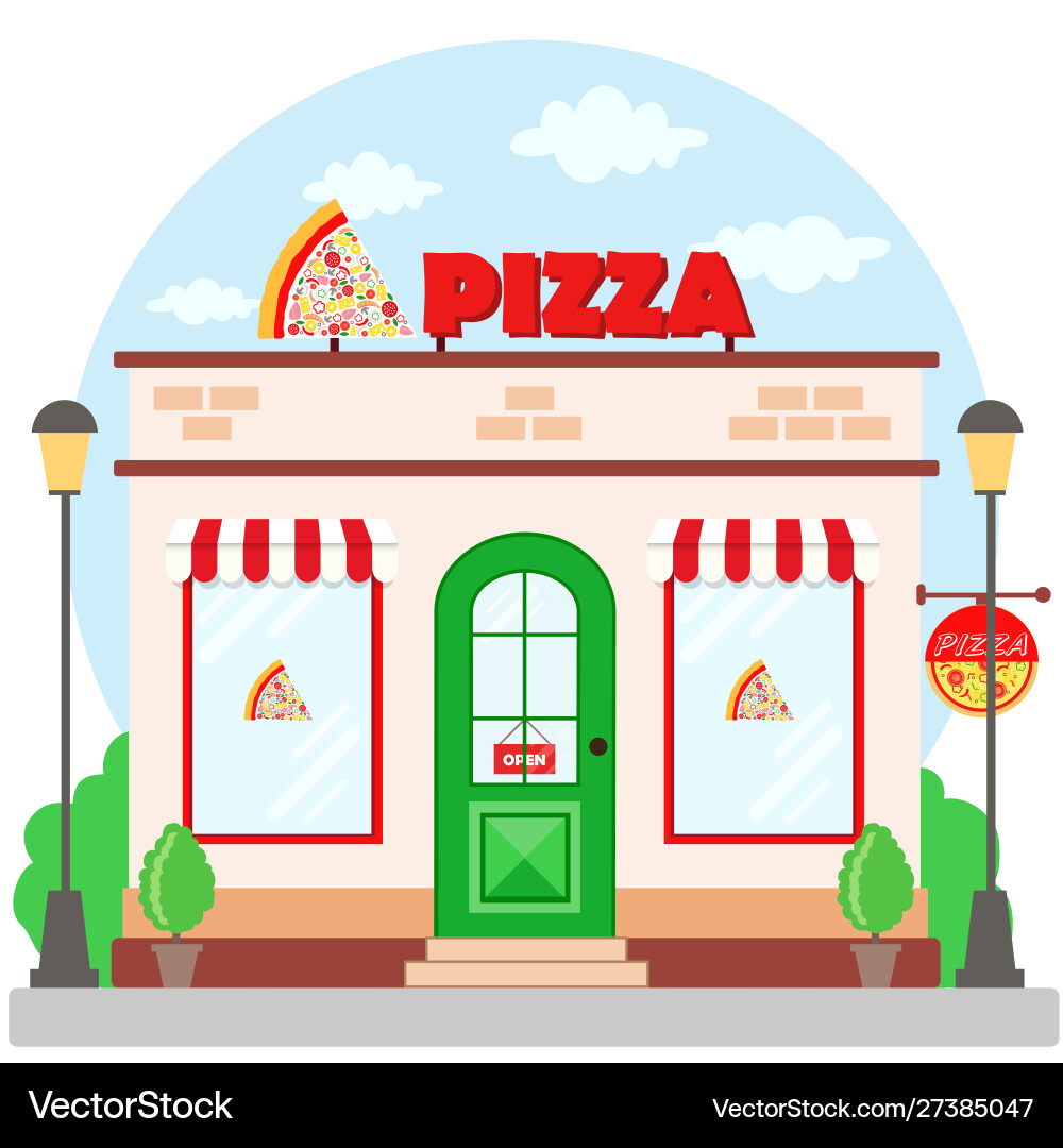 Pizza restaurant facade with signboard flat style Vector Image