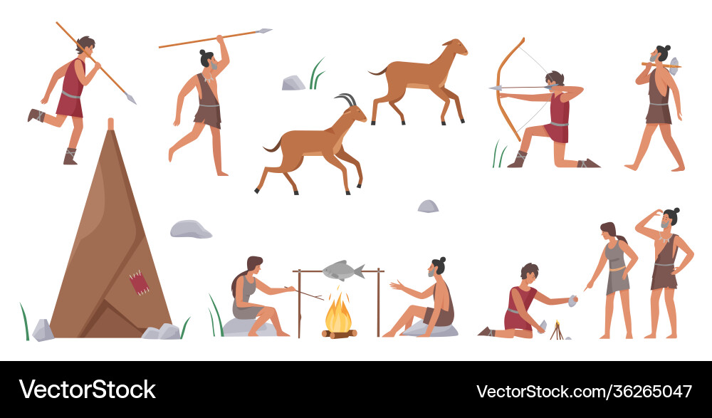 Primal tribe people hunt set primitive tribesman Vector Image