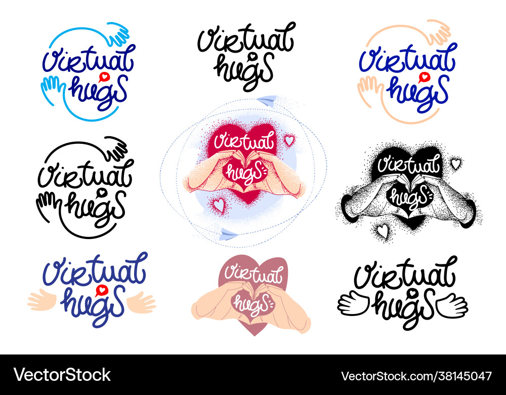 Set virtual hugs icons modern lettering Royalty Free Vector