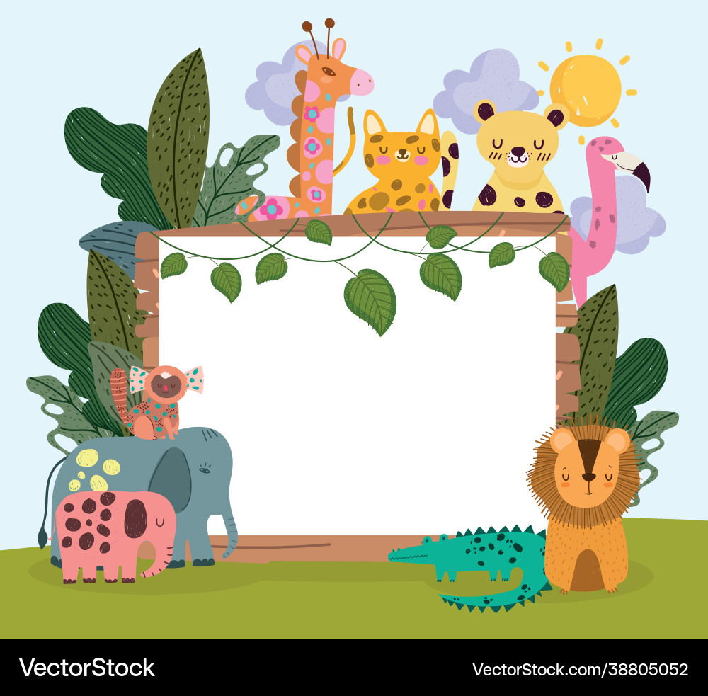 Cute jungle animals and banner Royalty Free Vector Image
