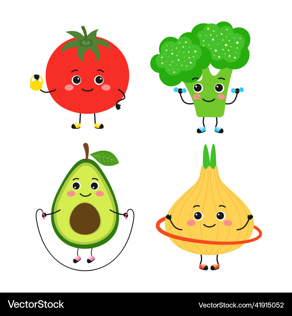 Vegetables and fruits characters doing exercises Vector Image