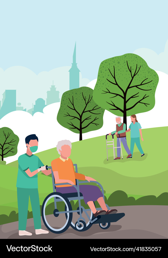 Old couple with geriatric doctors Royalty Free Vector Image