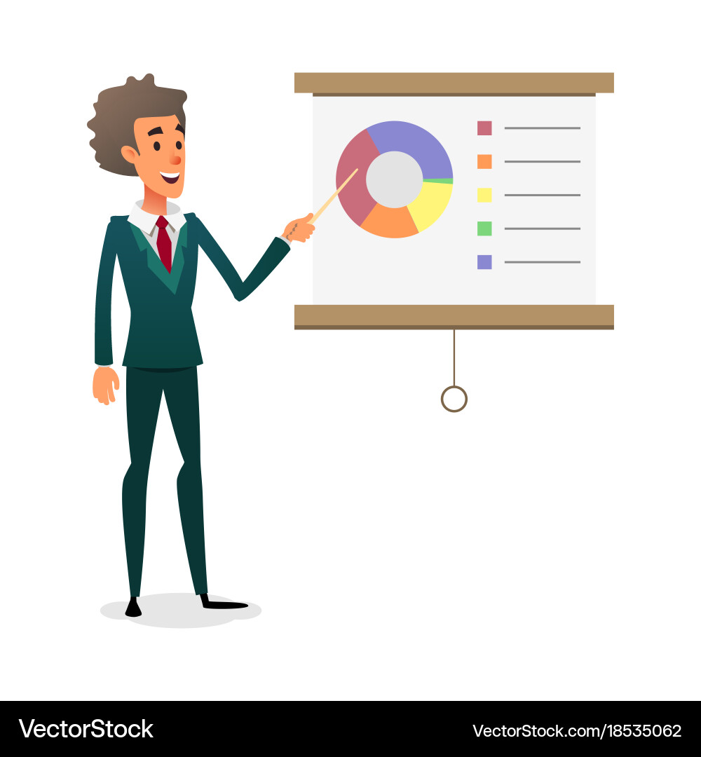 Funny cartoon manager presenting whiteboard about Vector Image