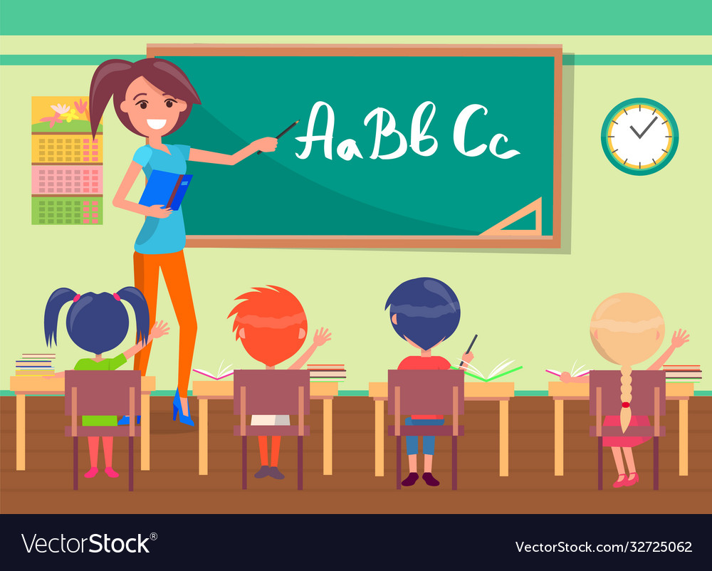 Lesson at school pupils look at letters on board Vector Image