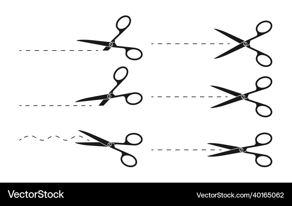 Scissors black glyph with trim cut lines icon set Vector Image