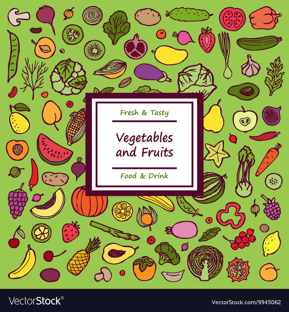 Vegetables and fruits doodle card Royalty Free Vector Image