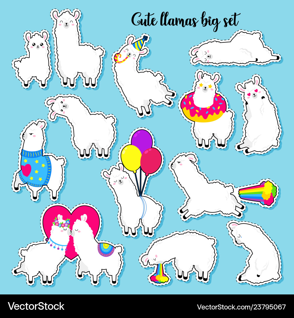 Collection cute llamas set stickers Royalty Free Vector