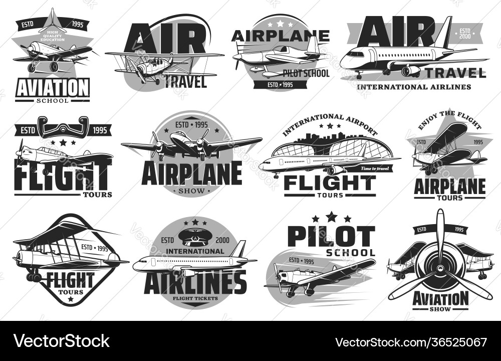 Pilot courses and flight tours icons set Vector Image