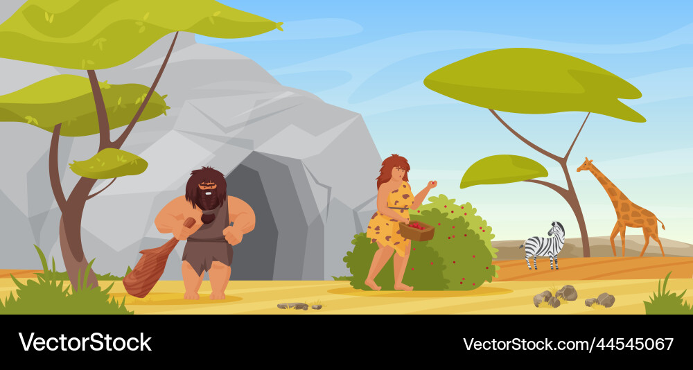 Primitive couple people hunter caveman holding Vector Image