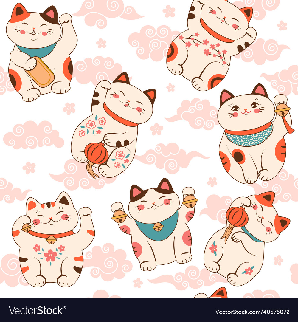 Asian cat pattern maneki neko character Royalty Free Vector