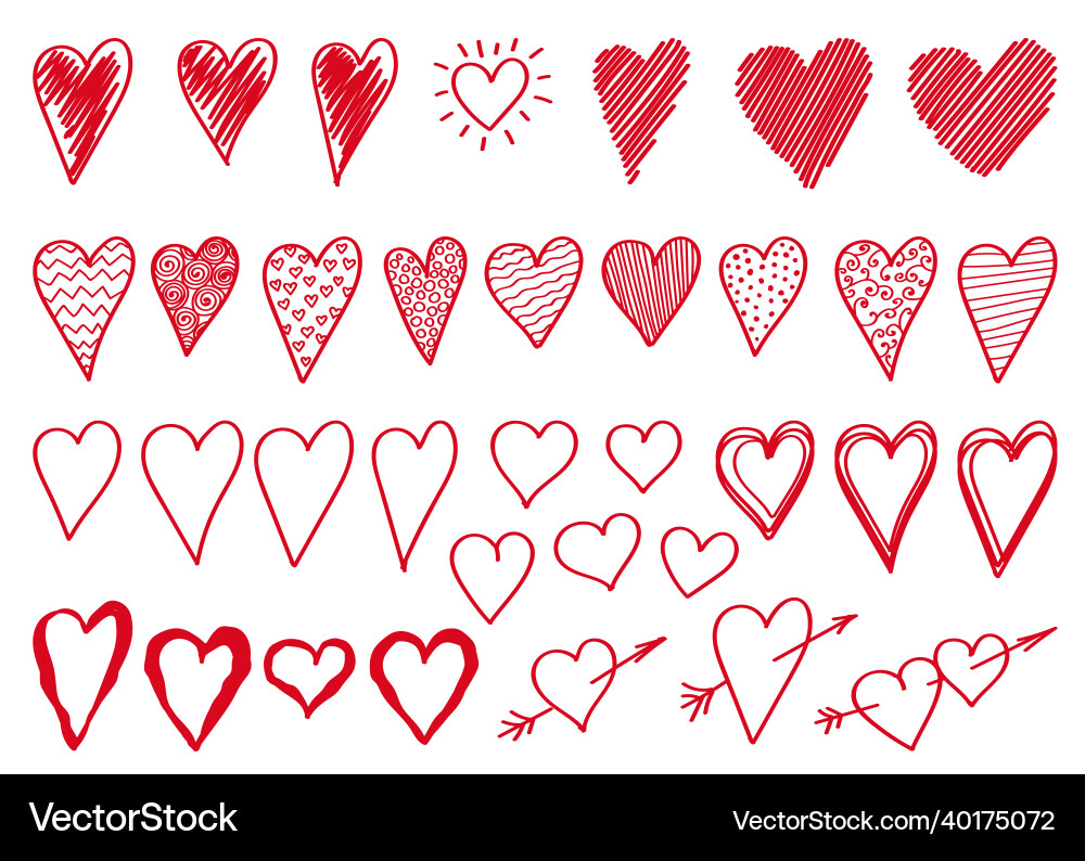 Set doodle hand drawn red hearts isolated Vector Image