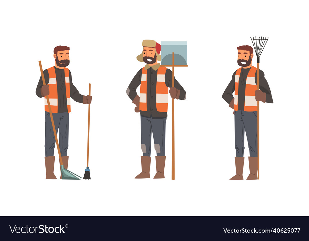 Bearded man janitor wearing orange vest standing Vector Image Bearded man janitor wearing orange vest standing Vector Image