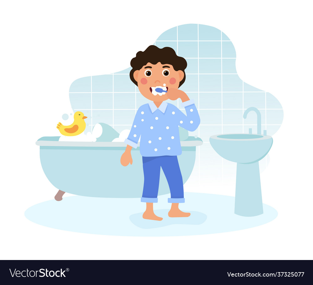 Happy little boy brushing teeth in bathroom Vector Image