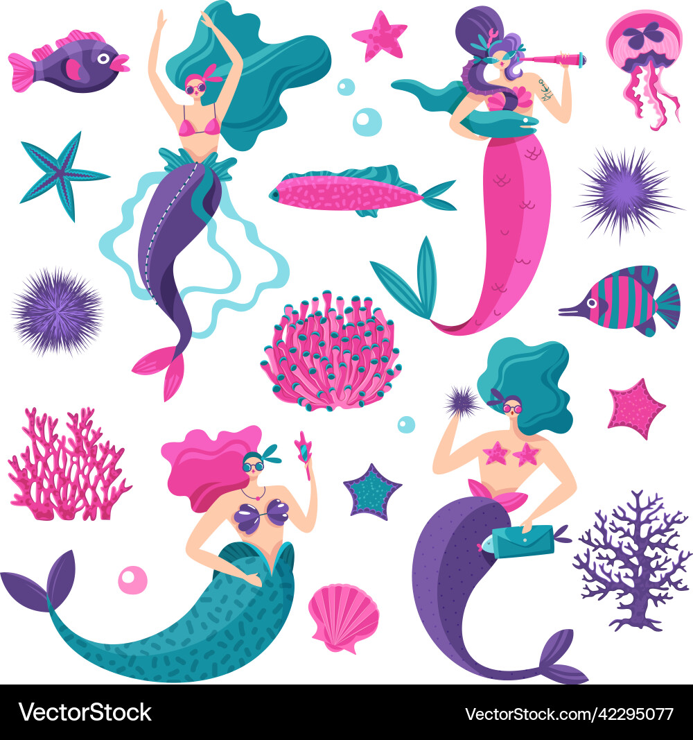 Mermaids sea life set Royalty Free Vector Image
