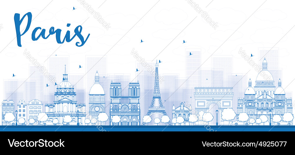 Outline paris skyline with blue landmarks Vector Image