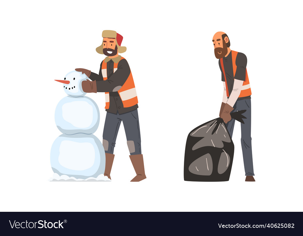 Bearded man janitor wearing orange vest carrying Vector Image Bearded man janitor wearing orange vest carrying Vector Image