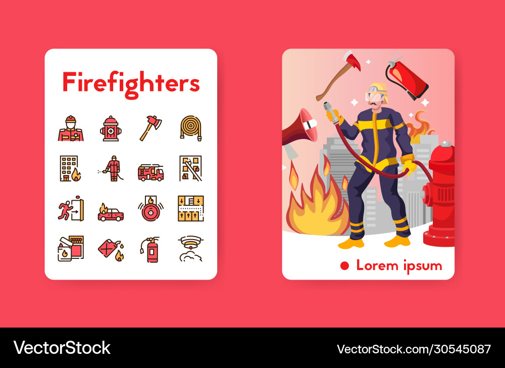 Banner firefighter with linear icons set Vector Image