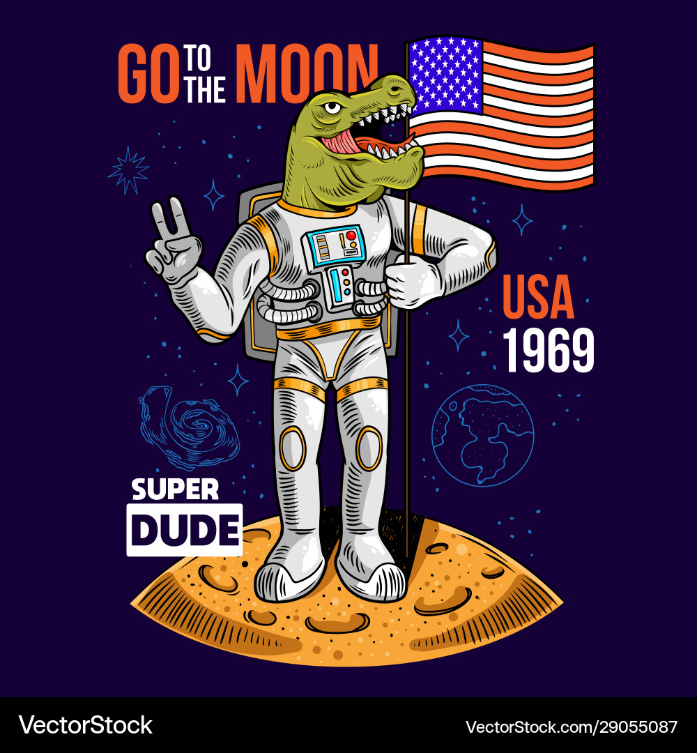 Dino t-rex hold american flag Royalty Free Vector Image