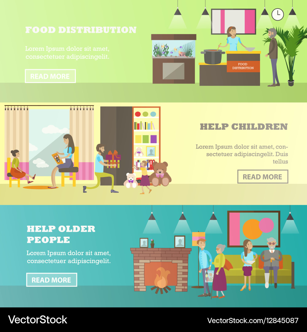 Set of volunteers help concept horizontal Vector Image