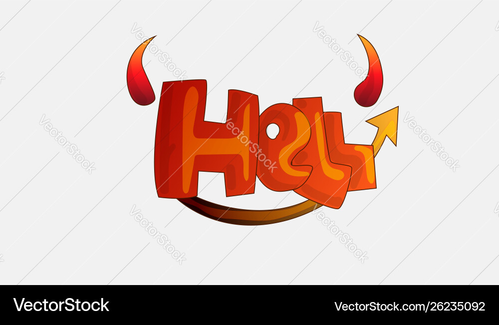 Cartoon word hell with devil horns and tail in red