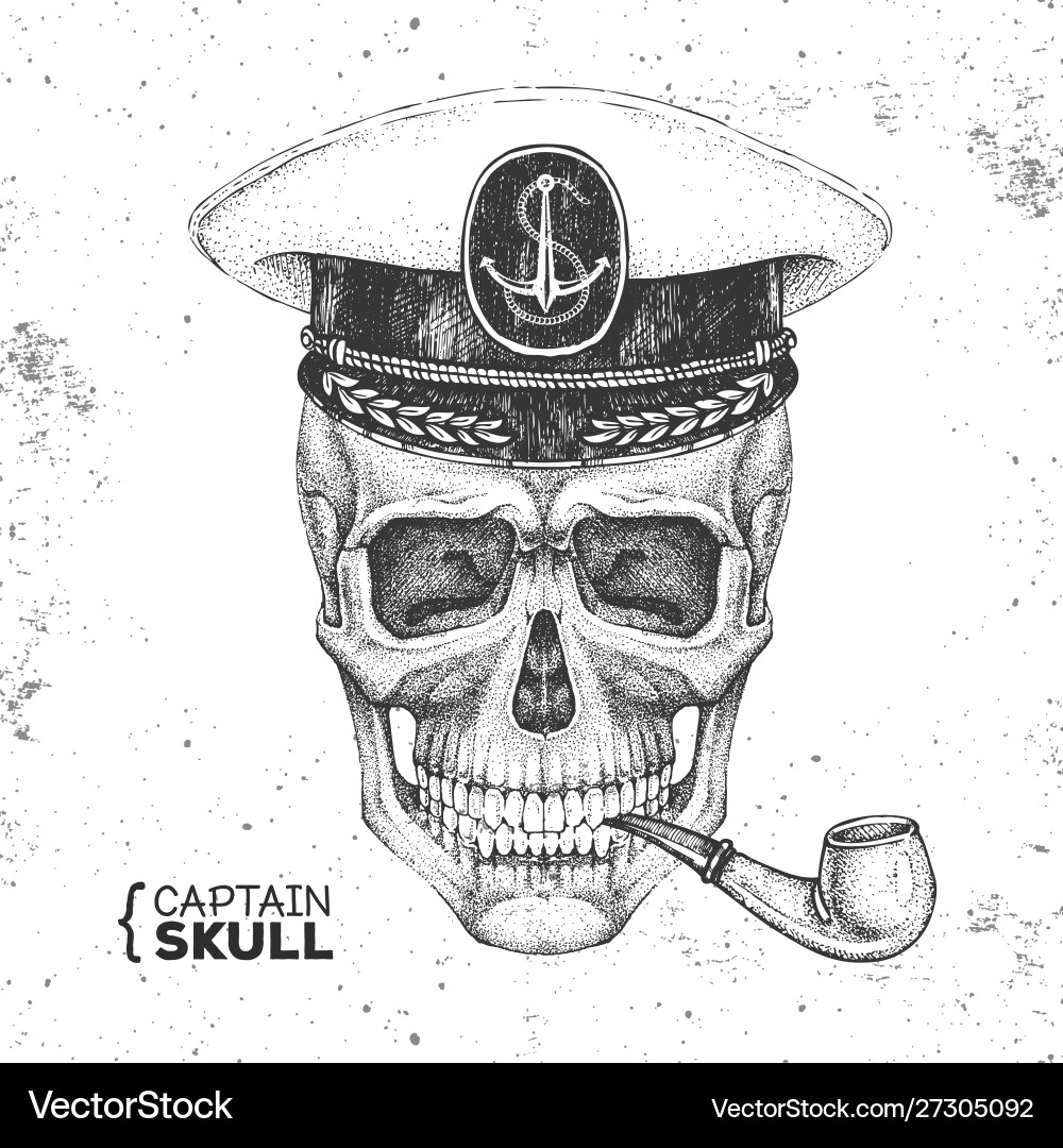 Hand drawing hipster skull with captains cap Vector Image