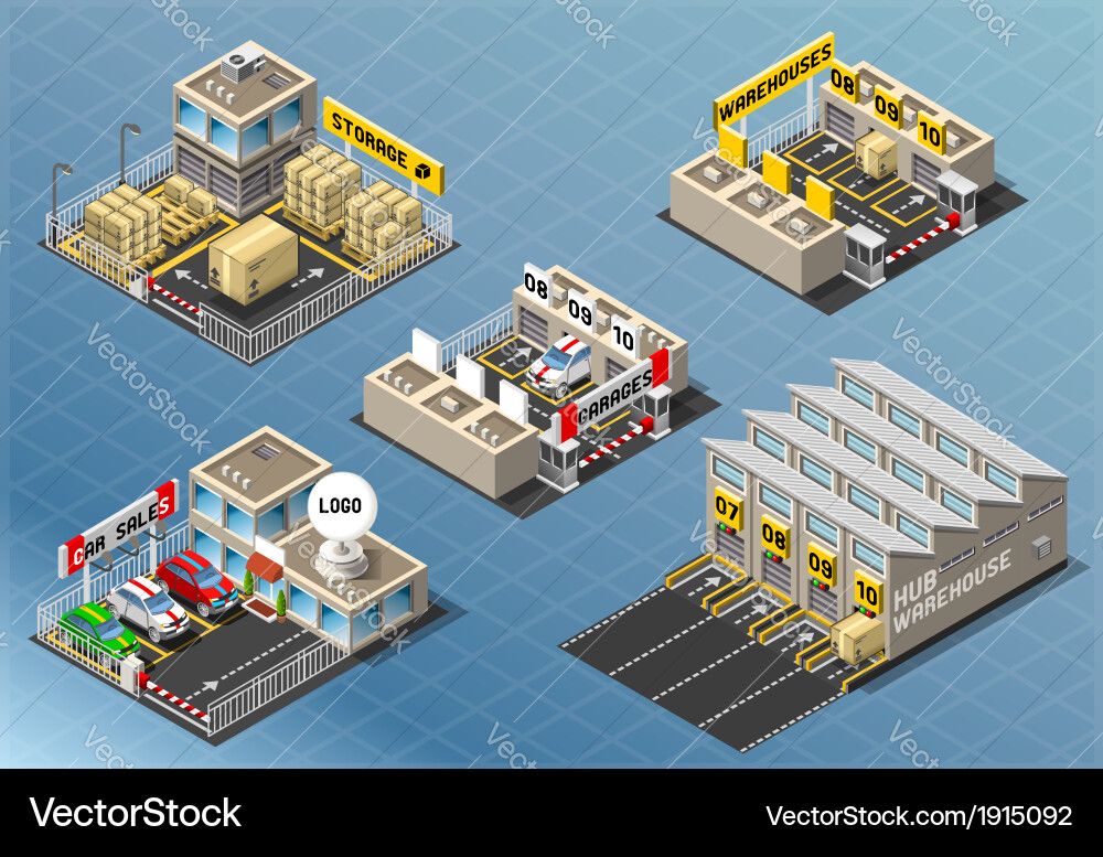 Isometric set of storage buildings Royalty Free Vector Image