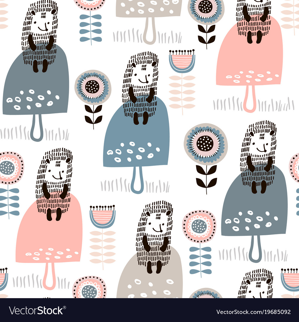 Seamless pattern with hedgehogs and mushrooms Vector Image