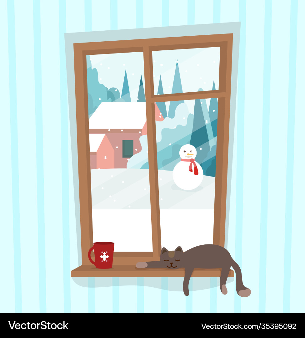 Window with winter landscape outside snowman Vector Image