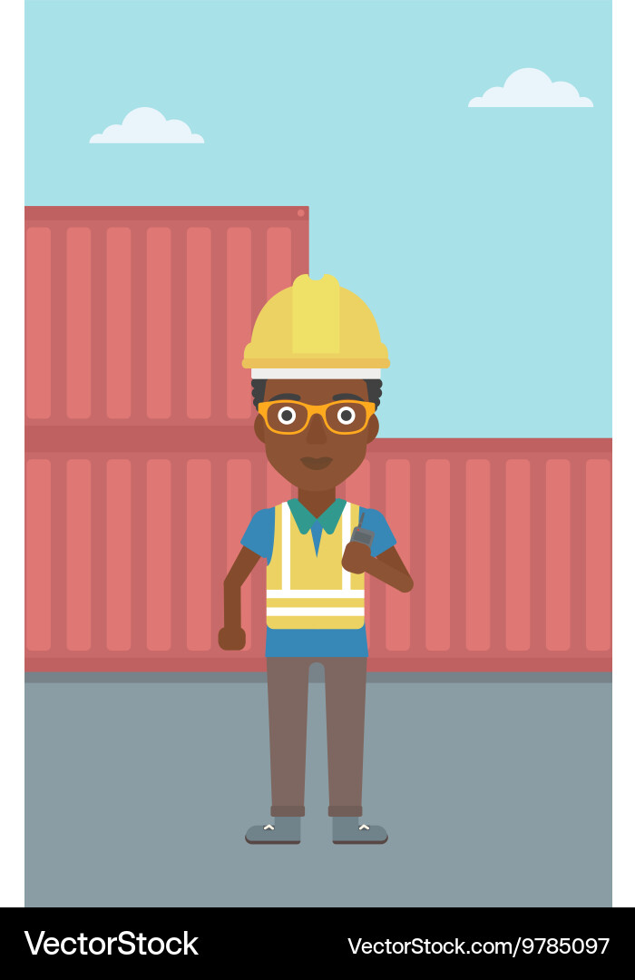 Port worker talking on wireless radio Royalty Free Vector