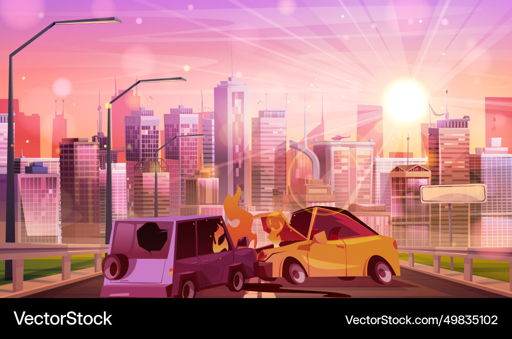 Car accident on highway cityscape background Vector Image