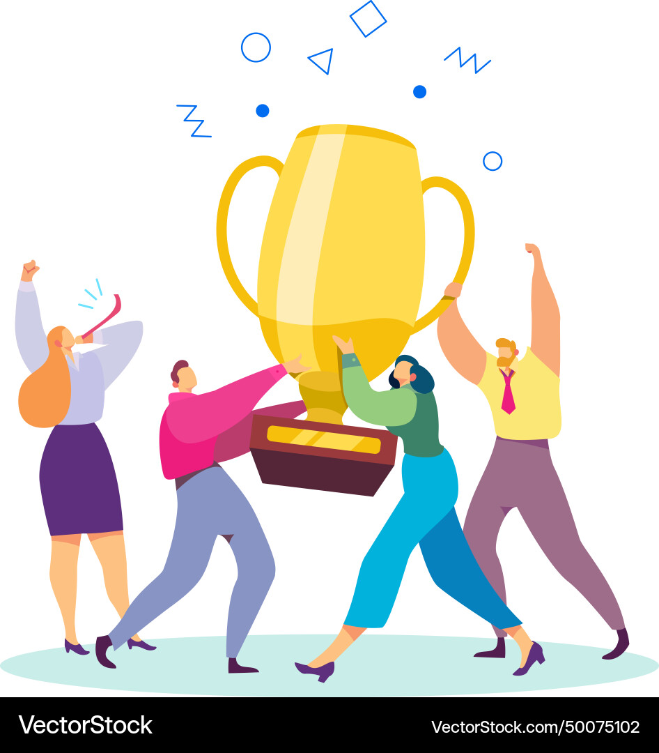 Diverse team celebrating victory with large trophy