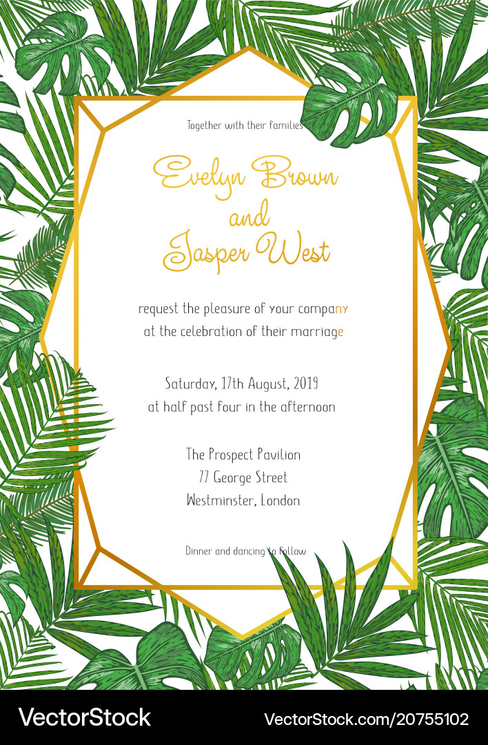 Wedding invitation in a gold frame against a backg