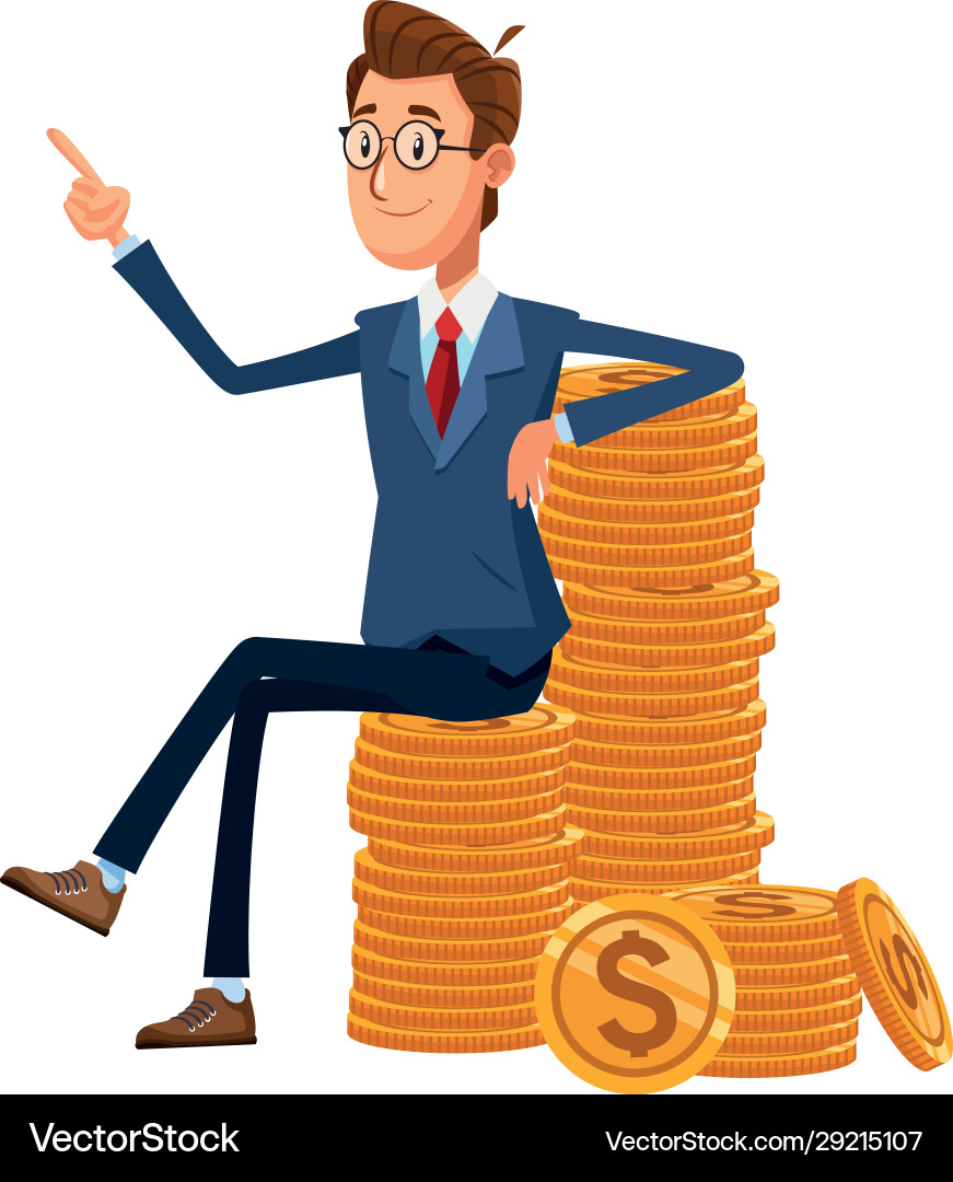 Cartoon businessman sitting on stack money Vector Image