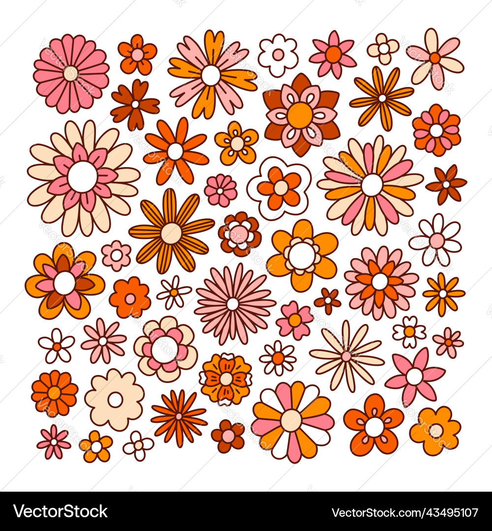 Fun retro doodle orange flowers collection Vector Image