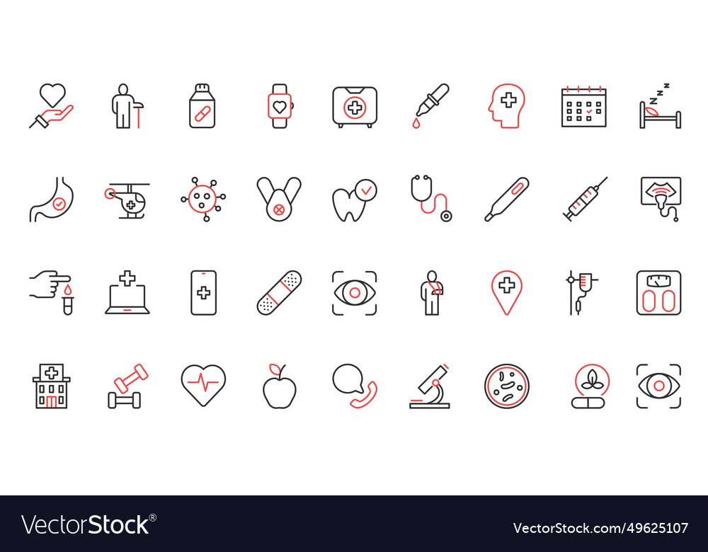 Healthy grocery food red black thin line icons set
