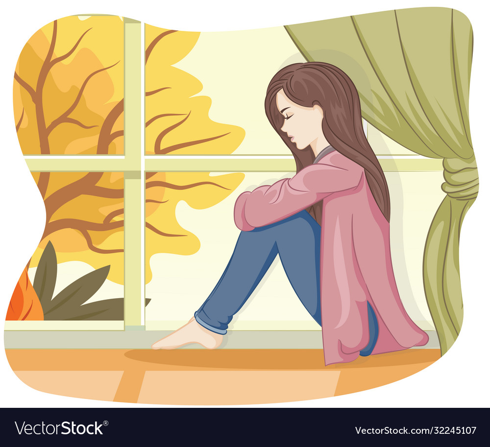 Lonely girl look out window on this autumn Vector Image