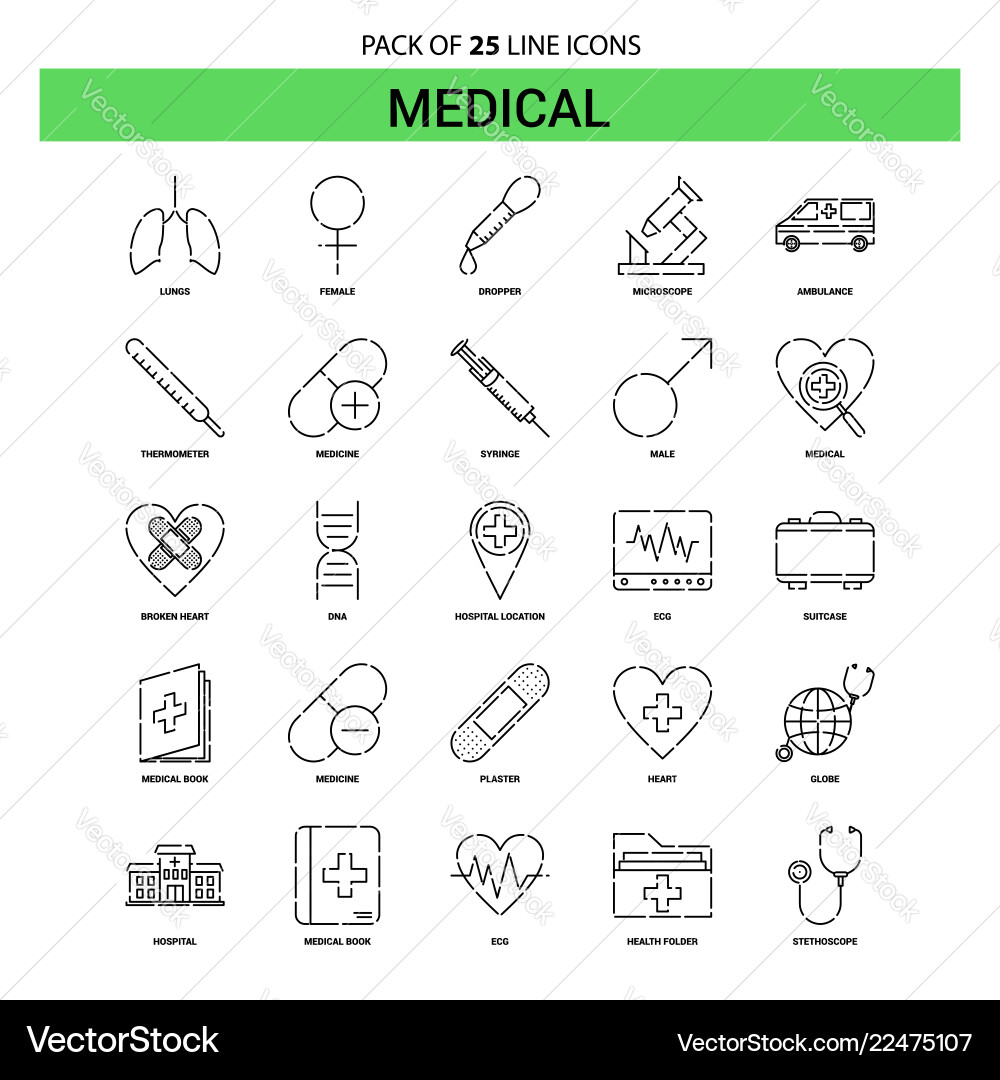 Medical line icon set - 25 dashed outline style Vector Image