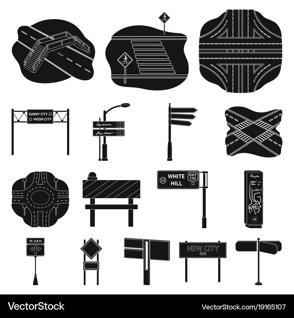 Road junctions and signs black icons in set Vector Image
