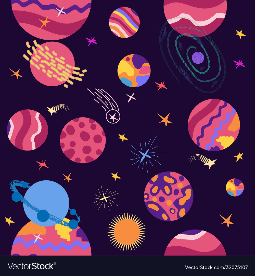 Seamless space pattern planets rockets and stars Vector Image