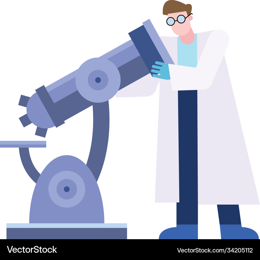 Chemistry microscope and chemical man Royalty Free Vector