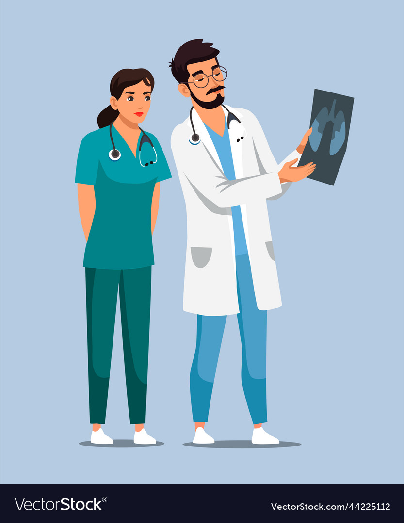 Doctor and nurse study and discuss x-ray patient Vector Image