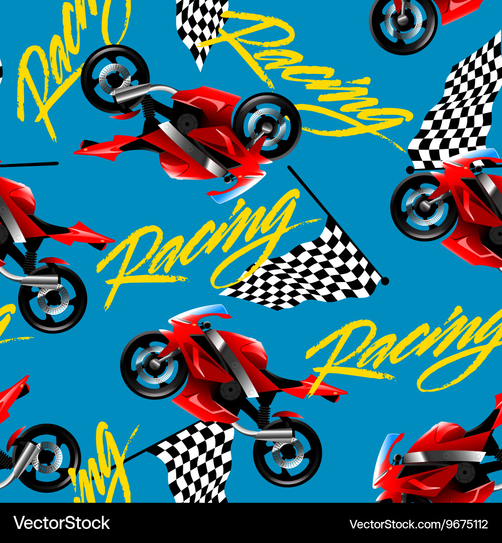 Red motorcycle racing with checkered flag seamless