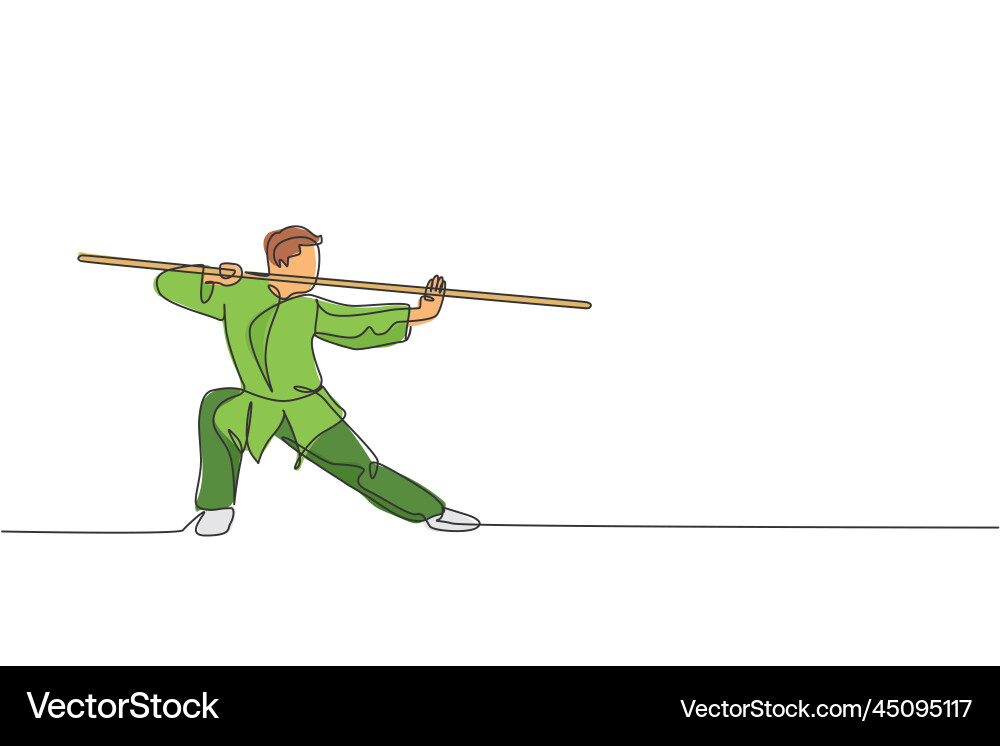 One continuous line drawing of young wushu master Vector Image