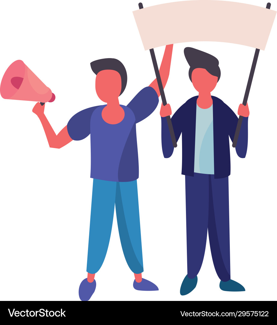 Activists men with protest banner and megaphone Vector Image