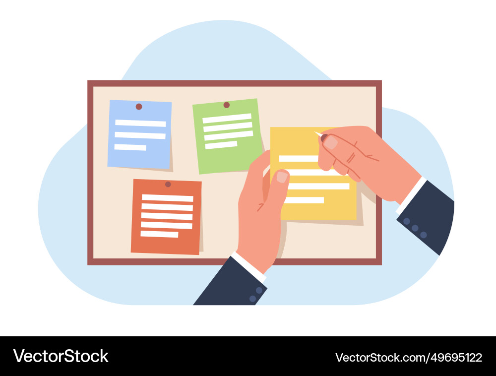 Hands pins note on bulletin board colorful Vector Image