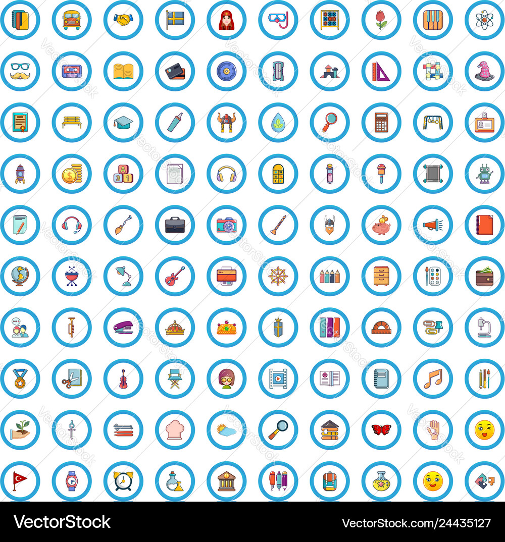 100 learning icons set cartoon style Royalty Free Vector